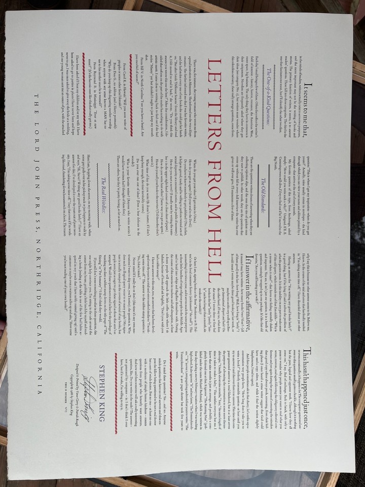 Letters from Hell by Stephen King, Signed Limited Edition No. 497/500 ...