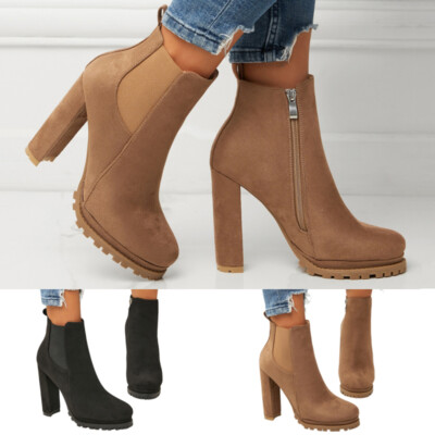 Womens Booties Side Zip Chelsea Boots Office Women Chunky Heel Block ...
