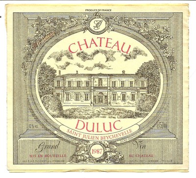Etiquette autocollante Chateau Duluc 1987. Saint Julien Beychevelle. | eBay