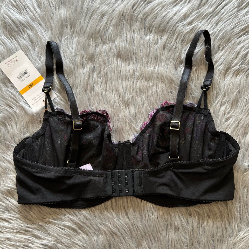 Joyspun Balconette Demi Cup Bra Women Size 38D Black Floral Lace Sheer ...