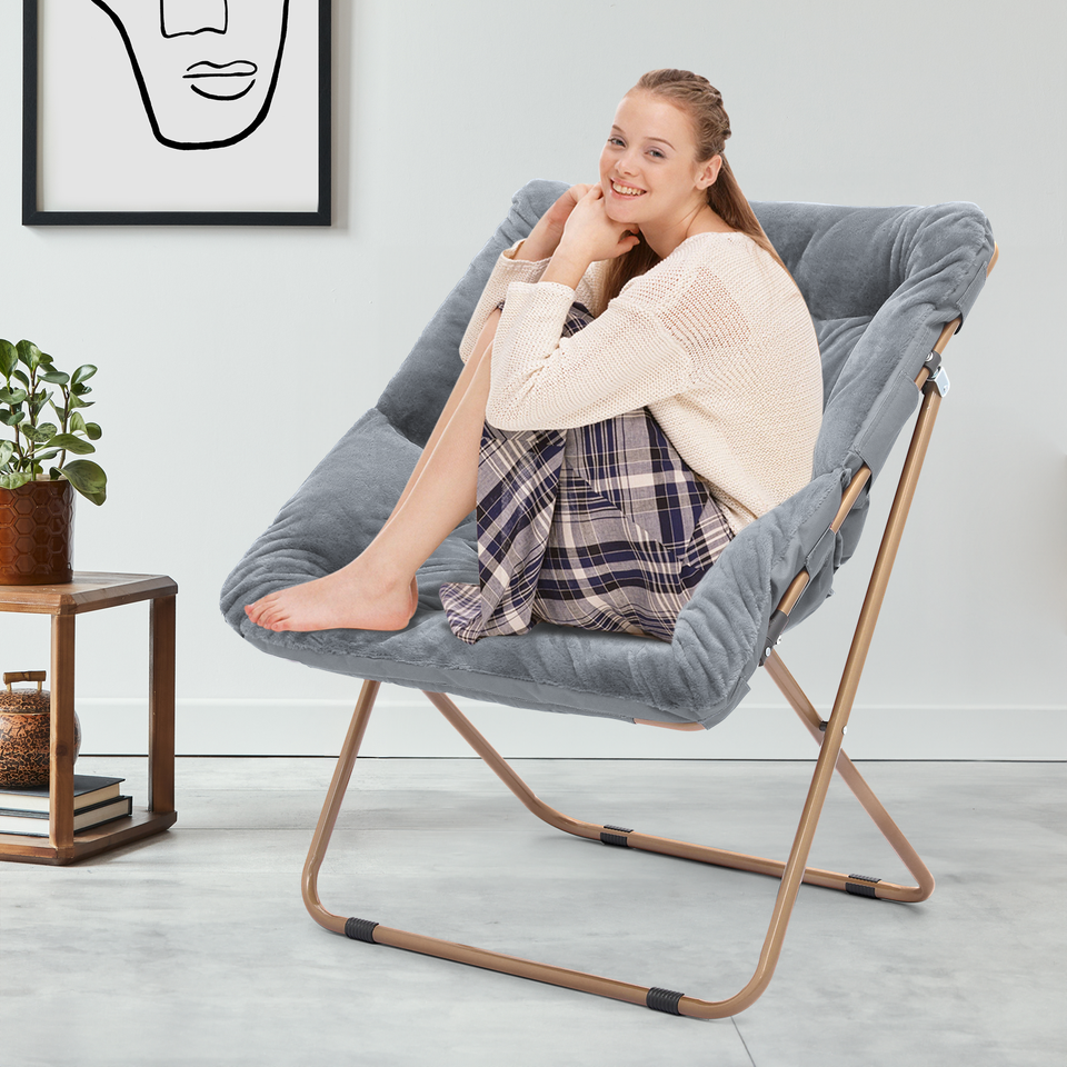 Square Foldable Saucer Chair Grey Soft Faux Fur Oversized Seat Lounge ...
