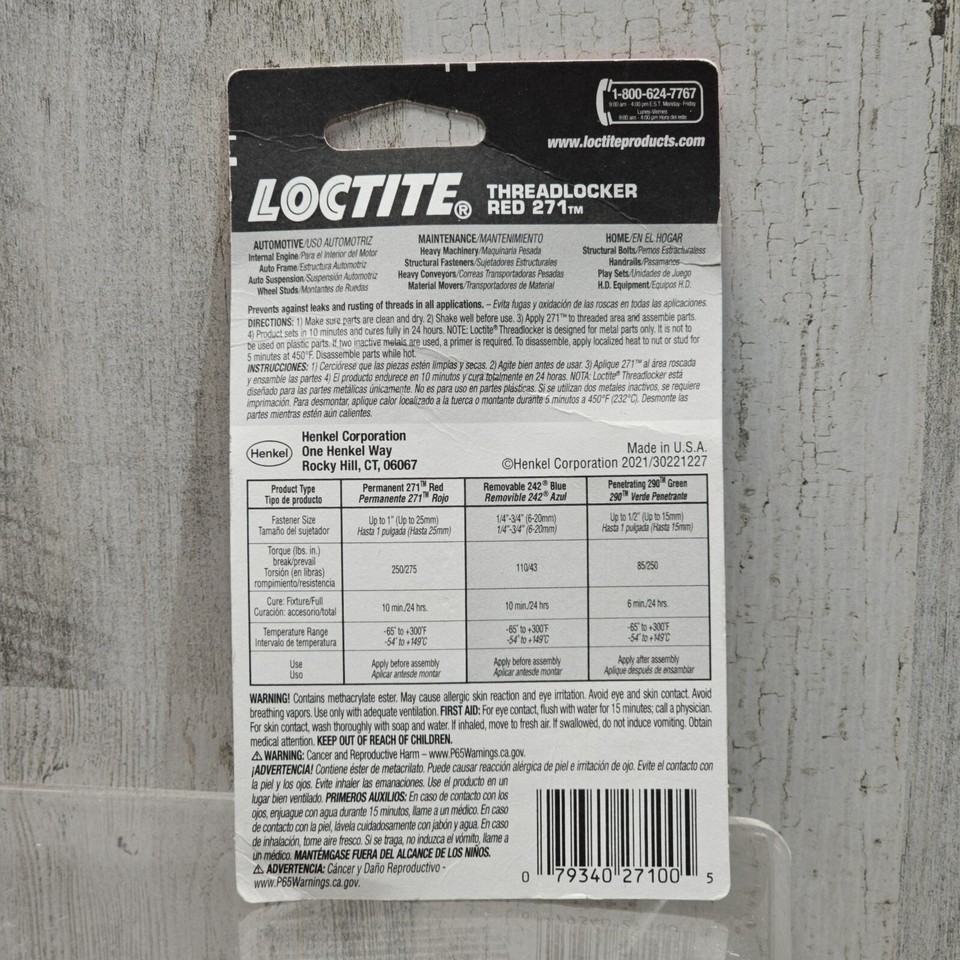 Loctite Nut & Bolt Threadlocker Red 271 Permanent Heavy Duty Adhesive ...