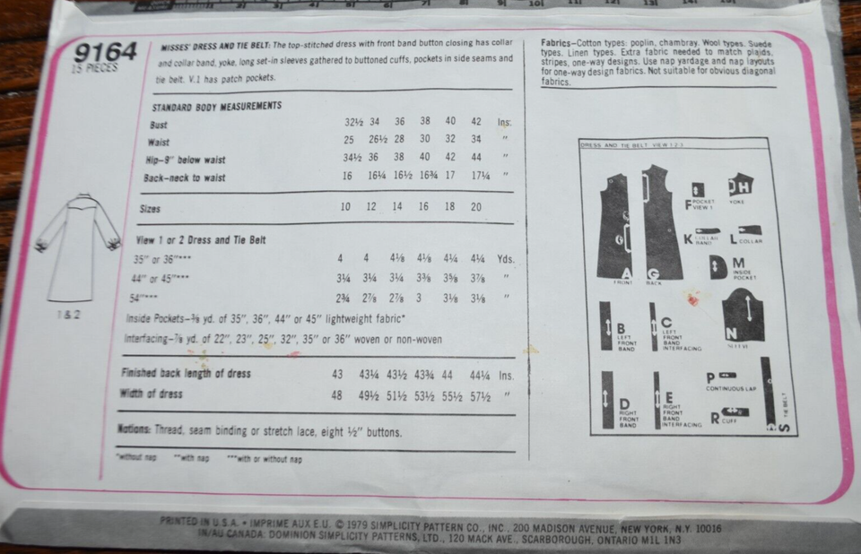Vintage Simplicity #9164 Misses' Dress w/ Pockets & Tie Belt - Size 12 ...