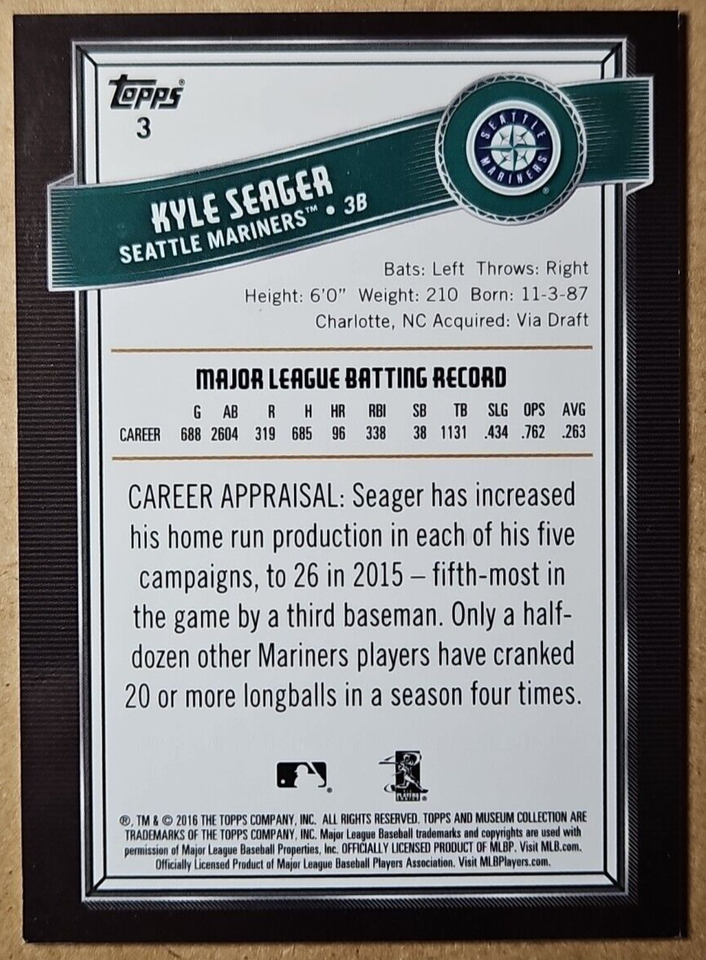 2016 Topps Museum Collection #3 Kyle Seager Seattle Mariners Baseball ...