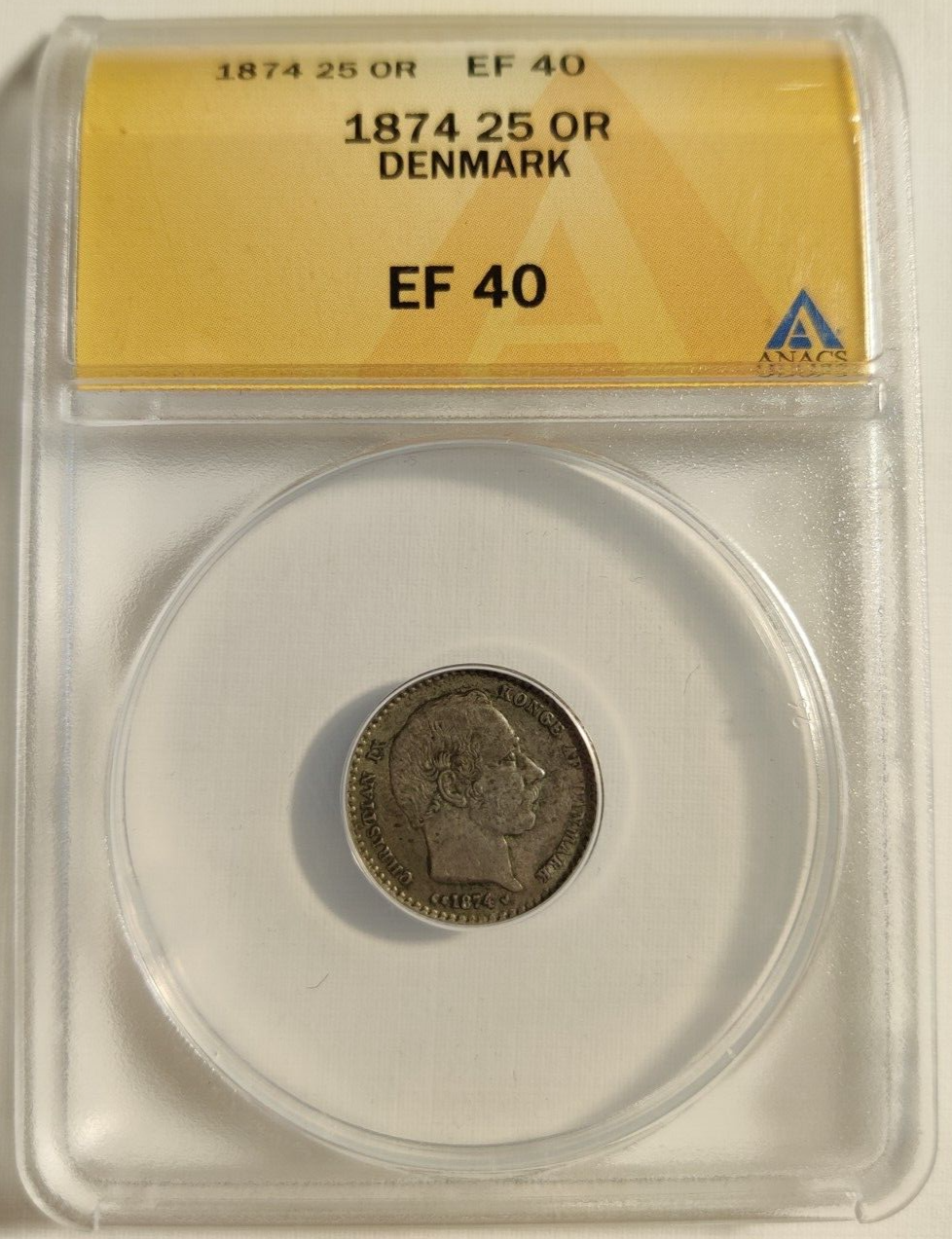 1874 Denmark 25 Ore Graded EF XF40 ANACS Rare Silver Danish Coin ...