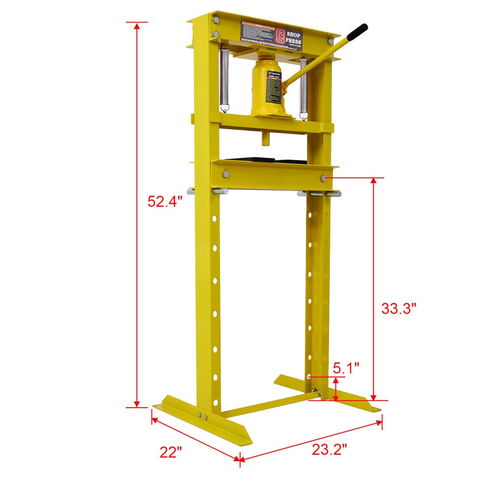 12-Ton Hydraulic Shop Press Benchtop with Plates H Frame Steel Jack ...