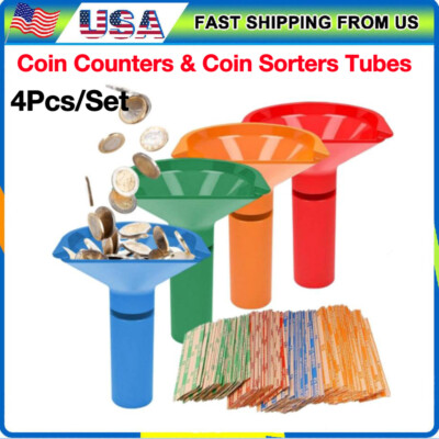 4PCS/SET 4 Color-Coded Coin Storage & Sorter Tubes Assorted Wrappers ...