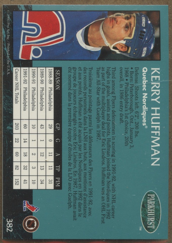 1992-93 Parkhurst #382 Kerry Huffman Quebec Nordiques | eBay