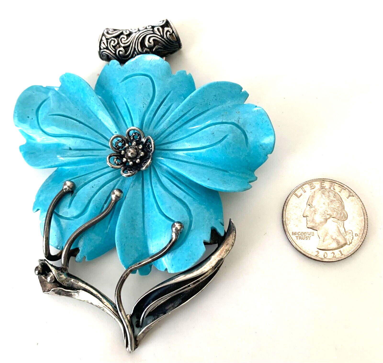 Large Carved Turquoise Pendant on Sterling Silver - Gem