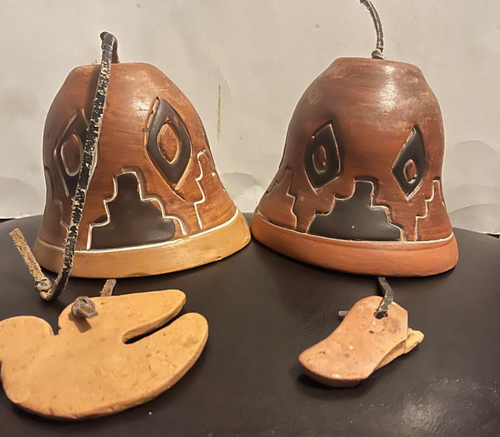 Pair of Native American Clay Pottery Wind Chime Bells carved & painted ...