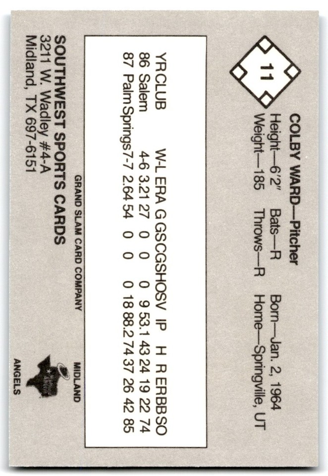 1988 Grand Slam Baseball Card Colby Ward Midland Angels #11 | eBay