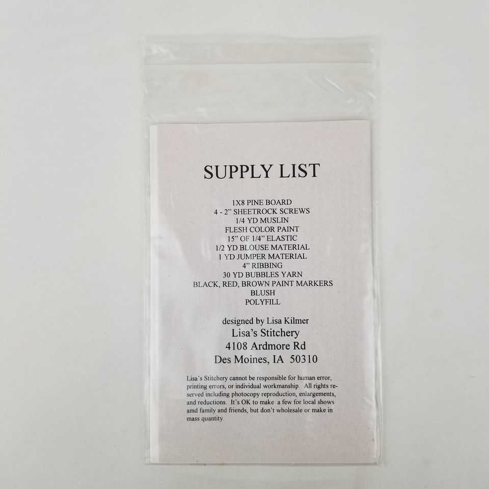 Vintage Lisa's Stitchery Emily #104 27" Wood and Cloth Doll Pattern | eBay