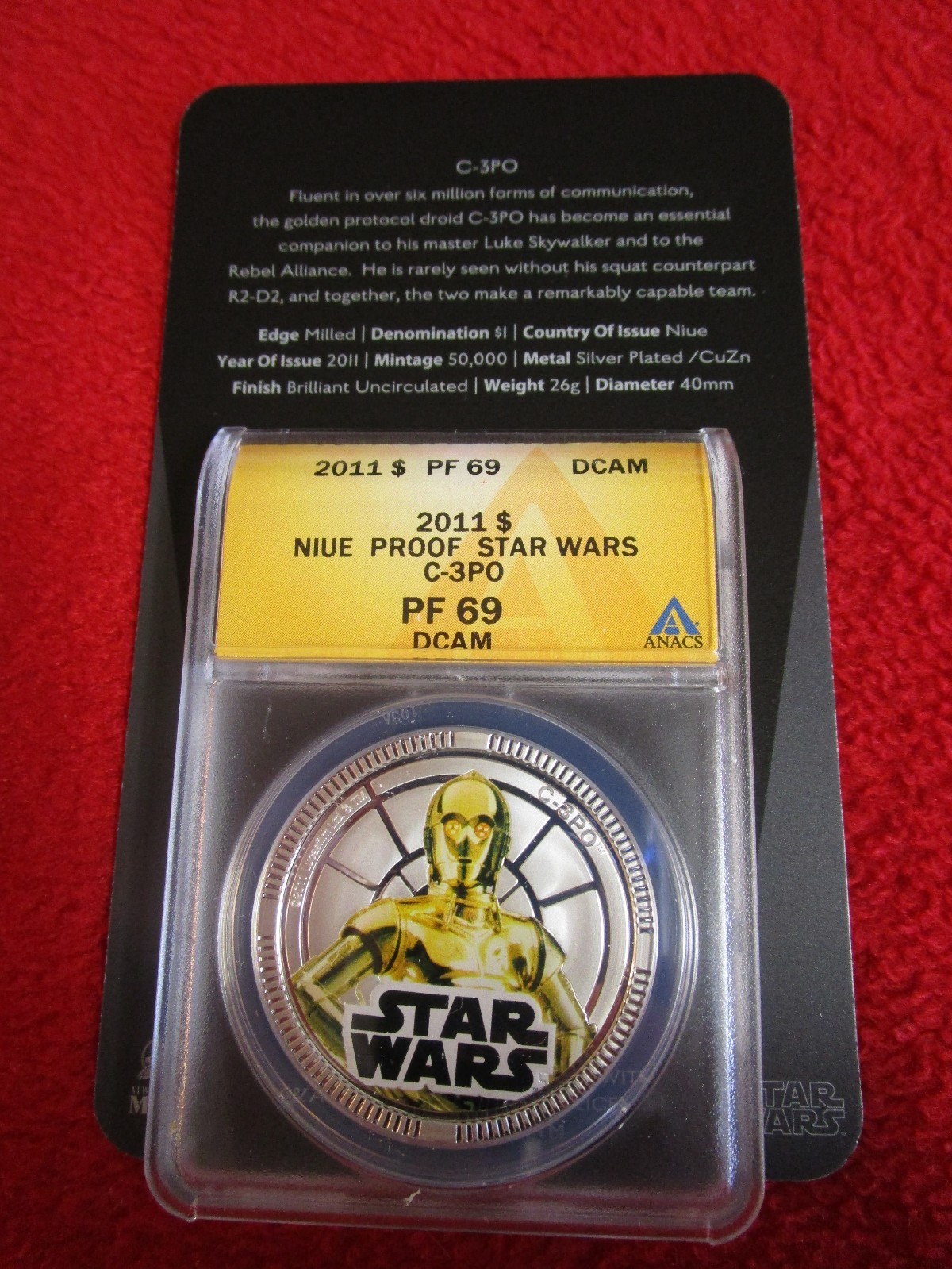 2011 Niue $1 Silver Plate Star Wars C-3P0 ANACS PF69 Disney lucas ngc w ...
