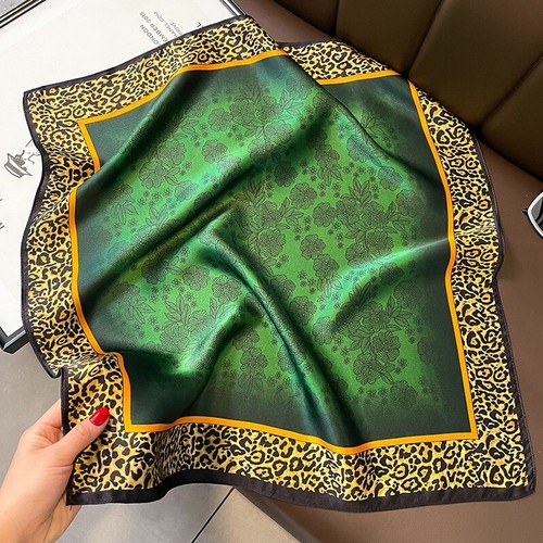 100% Silk Scarf Small Bandana Green Leopard Print Kerchief Head Turban ...
