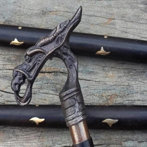 Antique Dragon head handle with vintage wooden aluminum walking stick ...