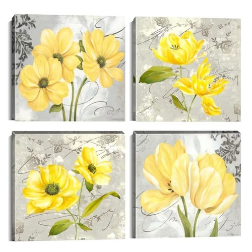 Yellow Flowers Wall Decor Gray Abstract Print Canvas Bathroom Home ...