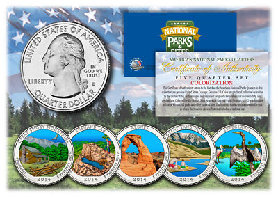 2014 America The Beautiful COLORIZED Quarters U.S. Parks 5-Coin Set w ...