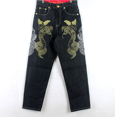 New Mens Jeans Snake Embroidery Loose Baggy Denim Hip-Hop Streetwear ...