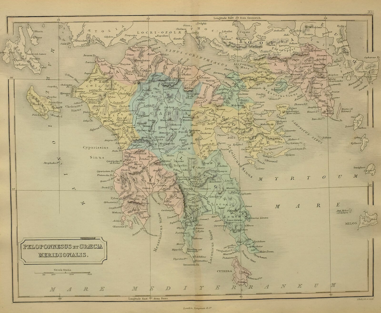 1868 HAND COLOURED ANCIENT MAP PELOPONNESUS GRAECIA GREECE MERIDIONALIS ...