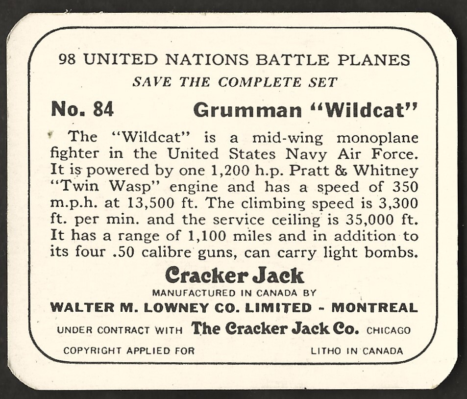1940s Grumman Wildcat Airplane Cracker Jack Lowney Planes V407 WW2 Card ...