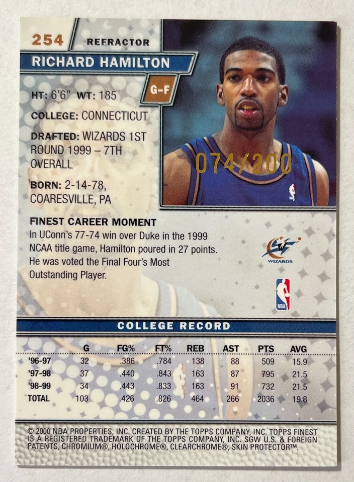 1999-00 Topps Finest Richard Rip Hamilton RC Refractor 074/200 Detroit ...
