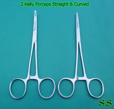 2 Pieces Kelly Hemostat Forceps Straight & Curved 5.5" Surgical ...
