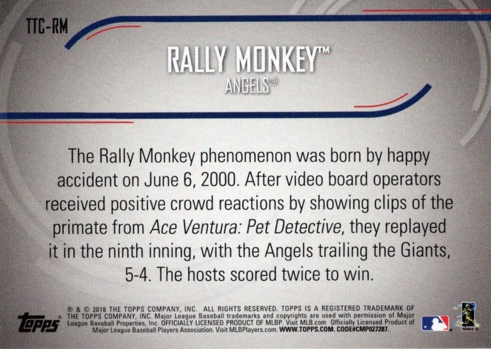 2018 TOPPS BASEBALL TRADITIONS & CELEBRATIONS RALLY MONKEY LOS ANGELES ...