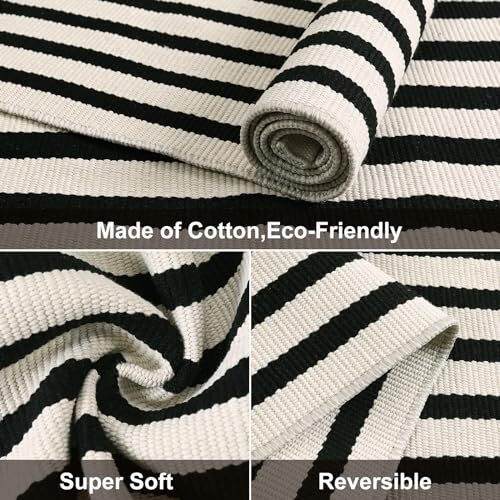 Indoor Outdoor Rug 5x8 ft, Cotton Striped Layering 5 x 8 Feet Black and ...