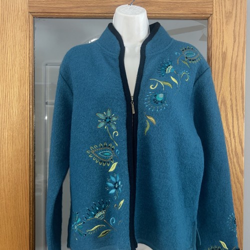 Carson Jacket Womens Medium Green Wool Boiled Vtg Coat Artsy Embroidery ...