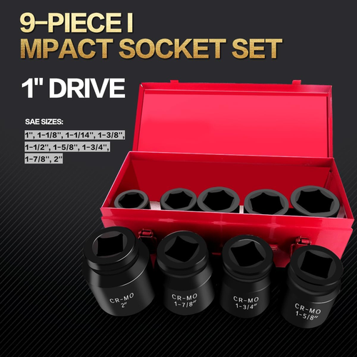 9-Piece 1" Drive Deep Impact Socket Set - Cr-Mo Steel, SAE Sizes | eBay