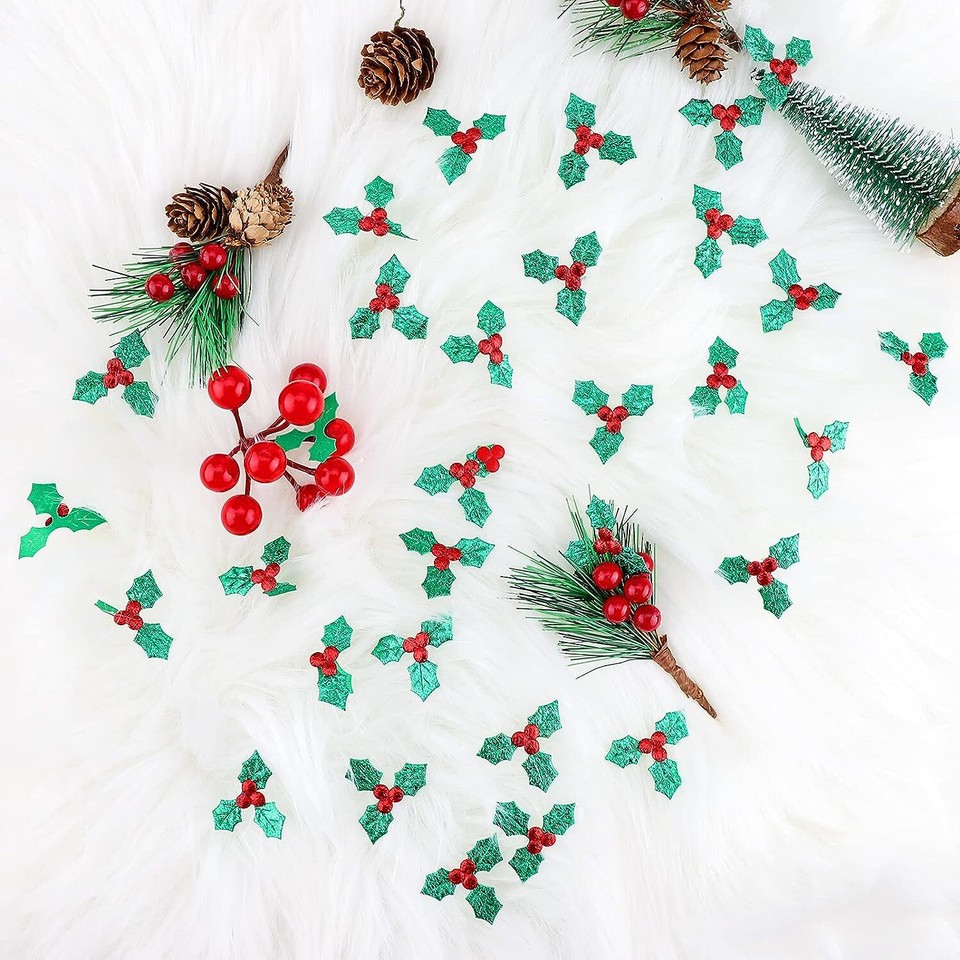 50PCS Christmas Mini Holly & Berry Leaves Embellishments DIY Craft ...