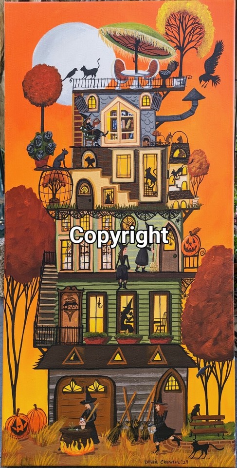 Original Folk Art Painting 24x12 Halloween Witch Black Cat High Rise ...