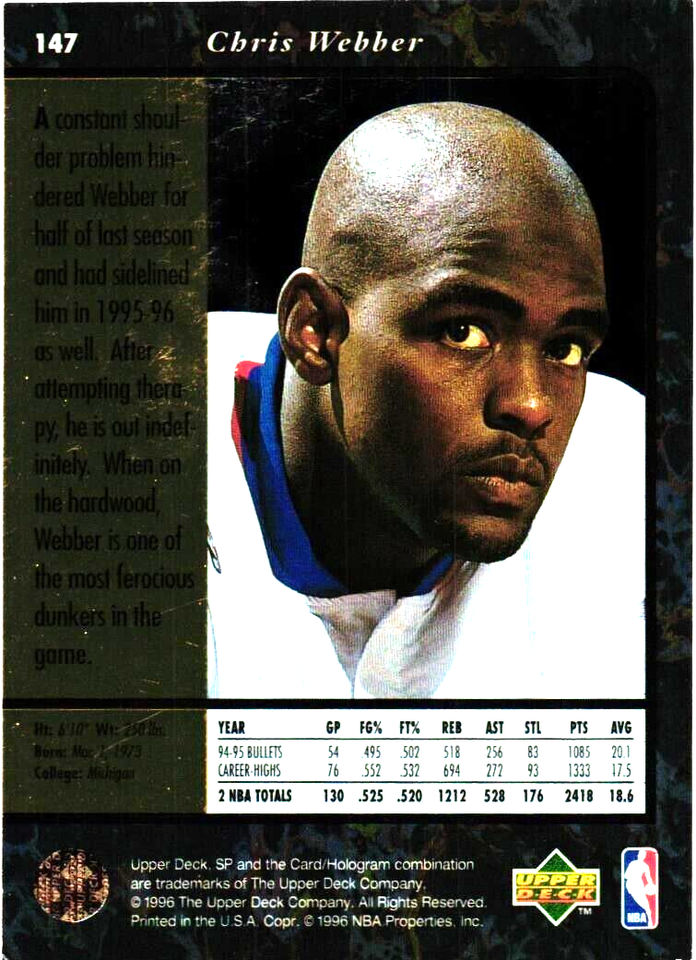 1996 Upper Deck SP Chris Webber #147 Washington Bullets NBA HOF NrMt | eBay