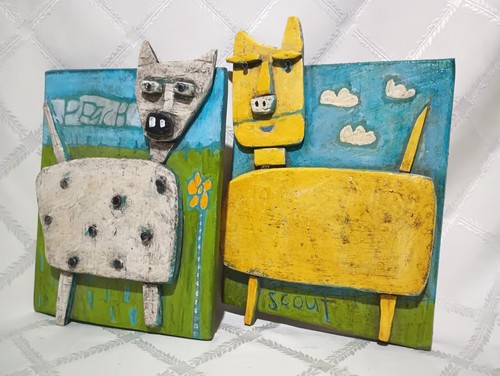 LUON ST PIERRE ORIGINAL "SCOUT & PEACH" WOOD FOLK ART DOG PLAQUES ...