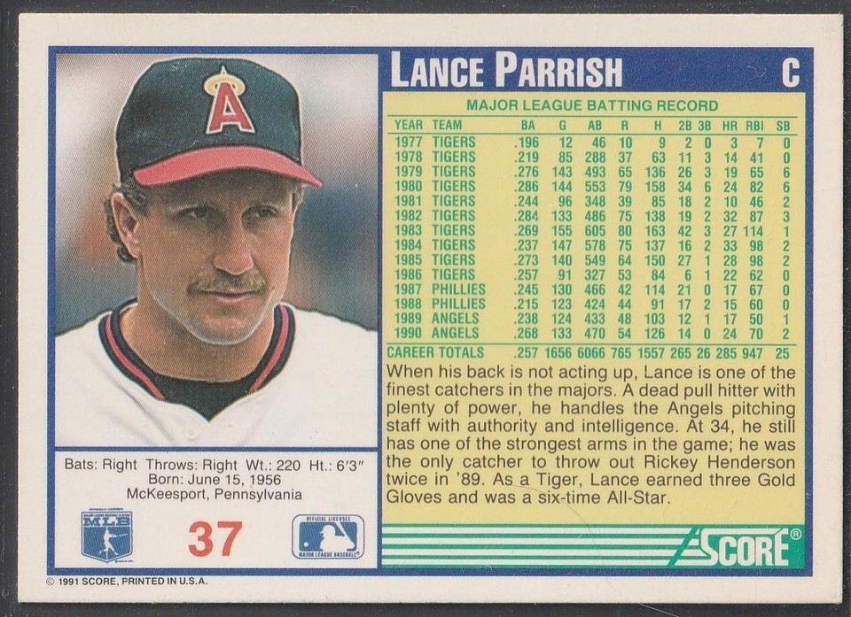 Original Autograph, Lance Parrish; California Angels, 1991 Score #37 | eBay
