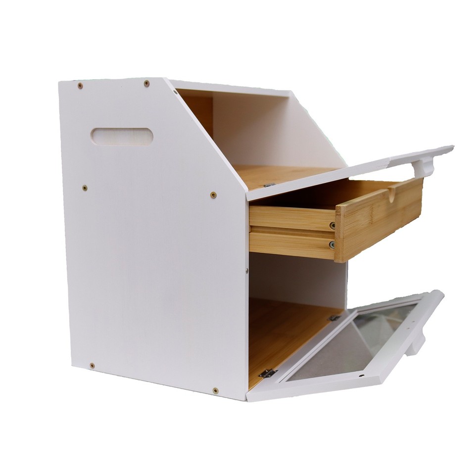 Two Tone 3 Compartment Bamboo Bread Bin Double Layer Storage Box With ...