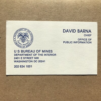 Vintage Business Card - U.S. Bureau of Mines, David Barna - Chief | eBay