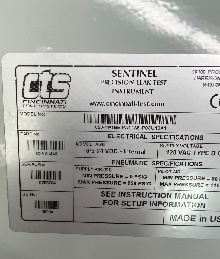 Cincinnati Test Systems C28-1W1BE-PA11A5-P03U10AT Precision Leak Test ...