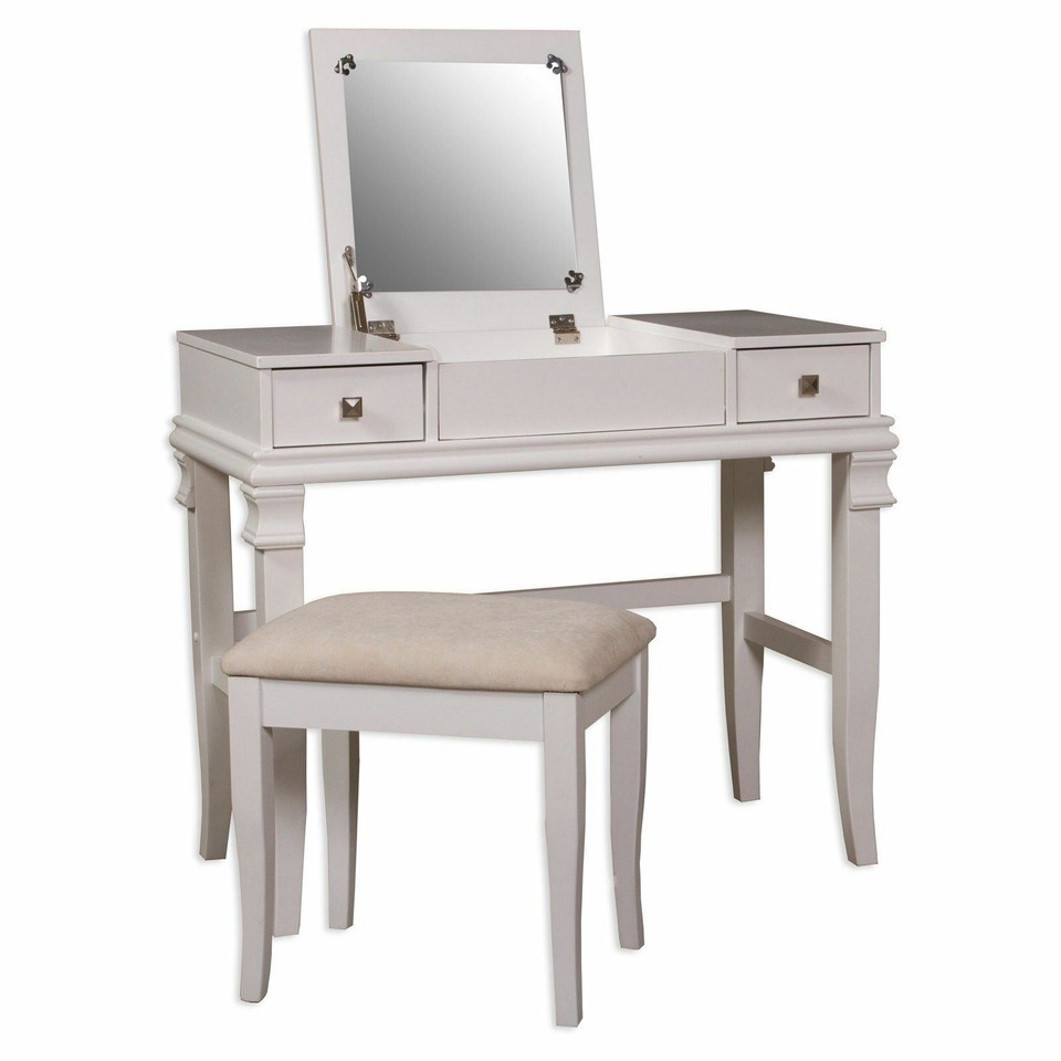 White 3 pc Vanity Set Mirror Wooden Table Beige Stool Makeup Drawer ...
