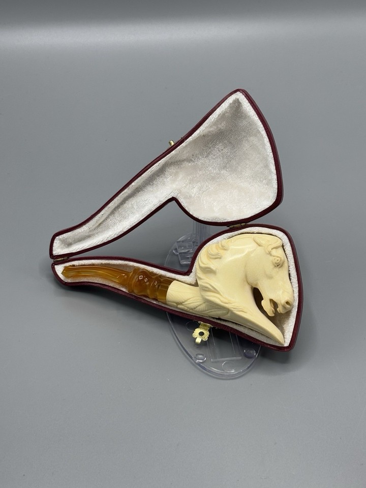 TEKIN Mustang Horse Figure Pipe BLOCK MEERSCHAUM-NEW-HAND CARVED W Case ...
