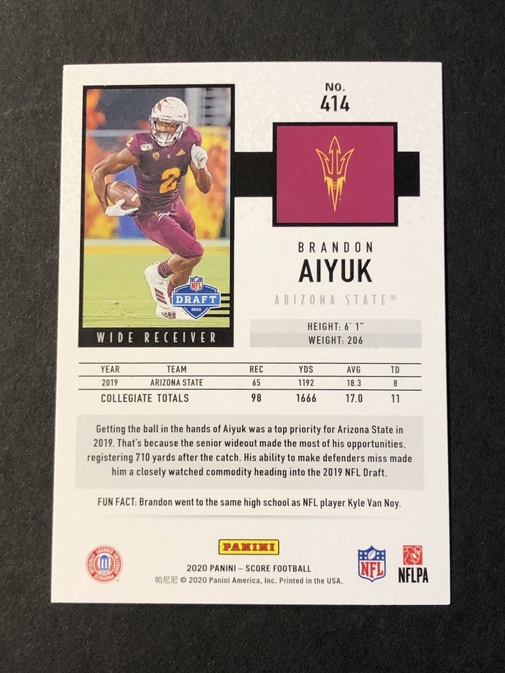 2020 Score BRANDON AIYUK Rookie #414 RC Ayuk Ayiuk San Francisco 49ers ...