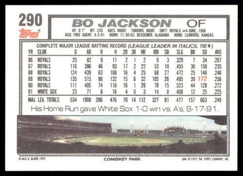 1992 Topps Bo Jackson #290 Chicago White Sox | eBay