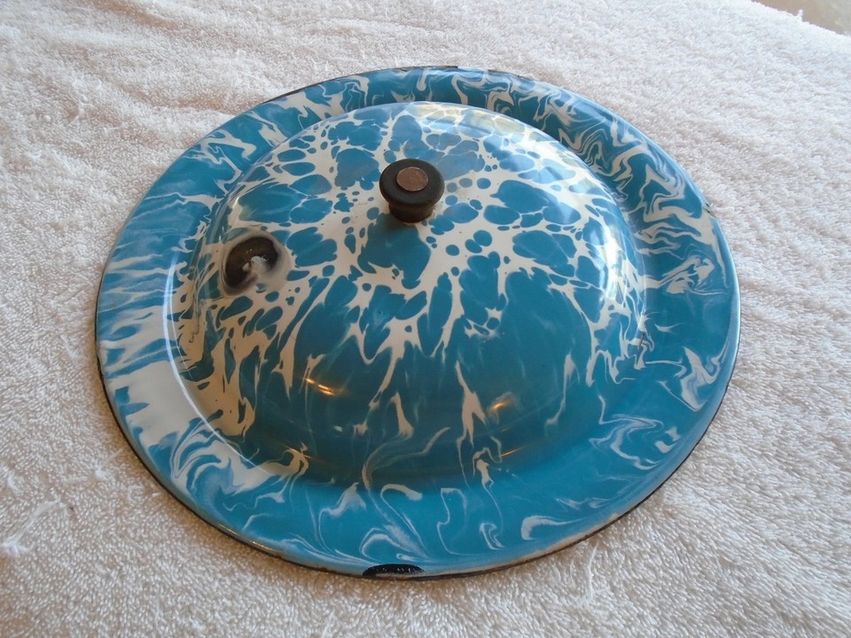 Antique Graniteware Granite-ware Blue and White Large Swirl Lid 10 3/4 ...