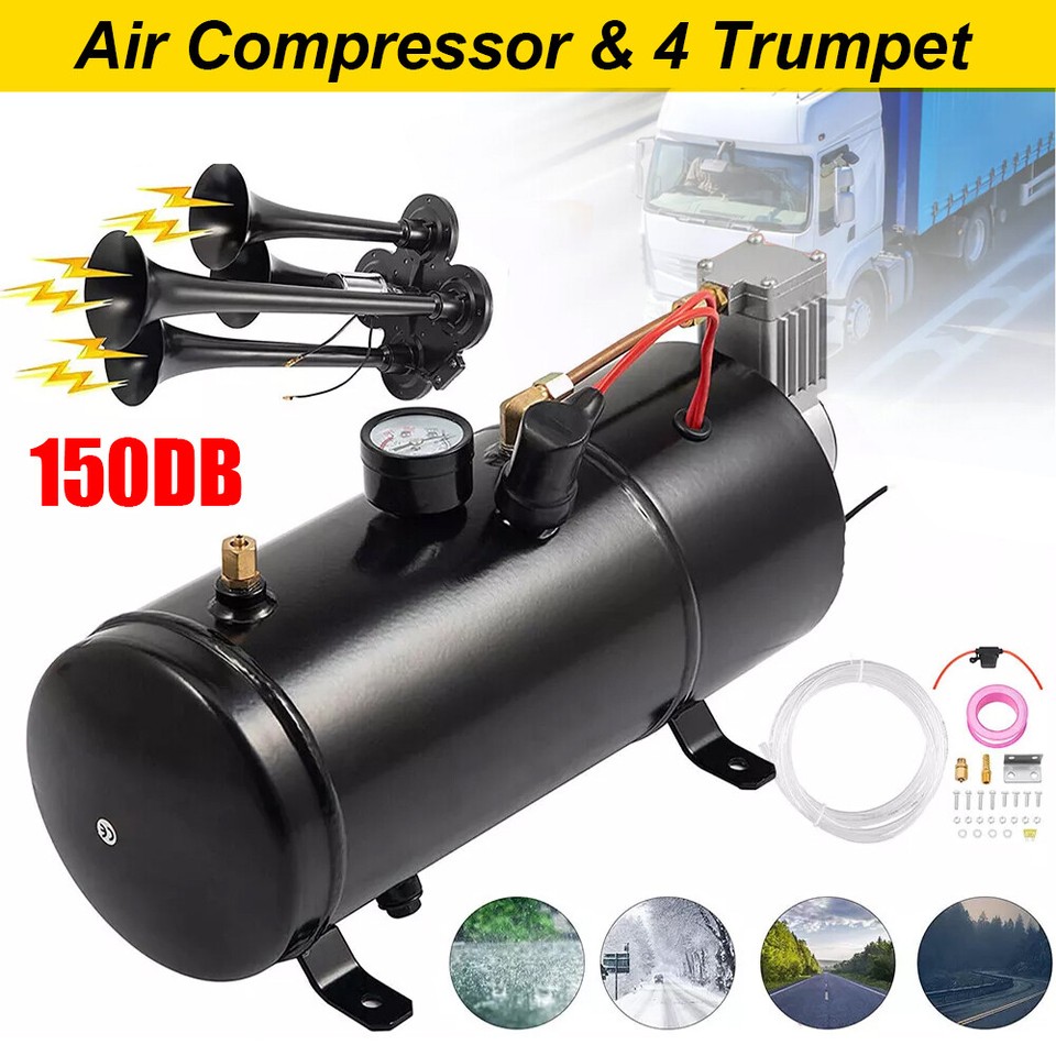 Air Horn Truck Train Horns Kit 12V with Air Compressor 4 Trumpet 150db ...