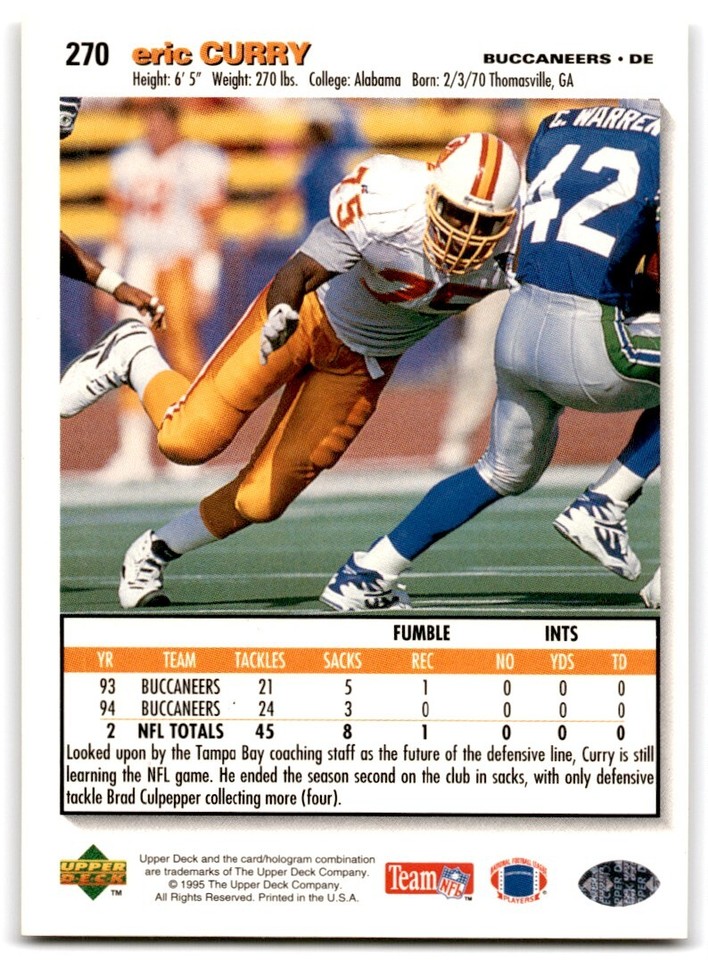 1995 Upper Deck Collector's Choice Eric Curry Tampa Bay Buccaneers #270 ...