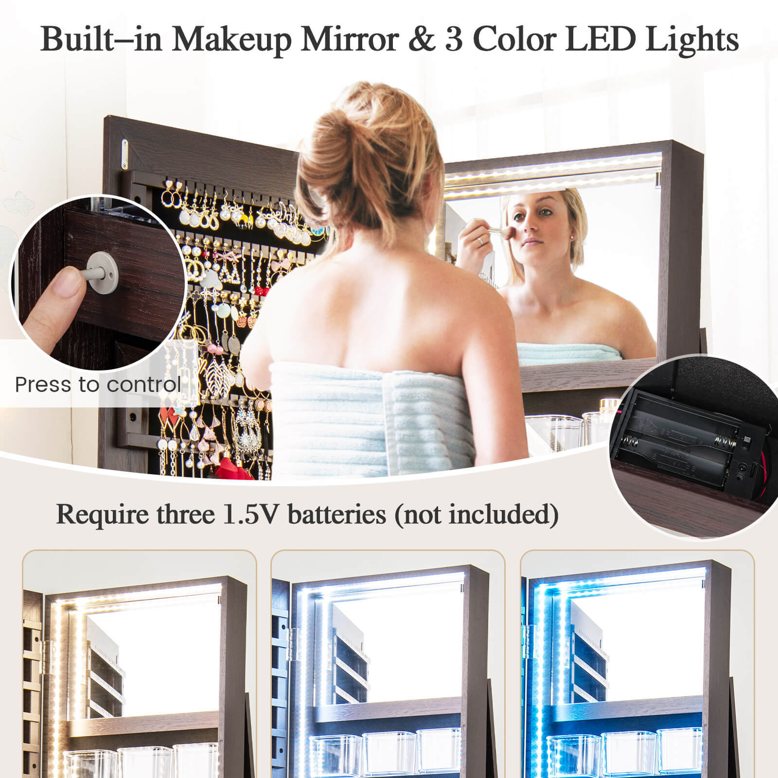 360° Rotating Mirrored Jewelry Cabinet Armoire 3 Color LED Modes ...