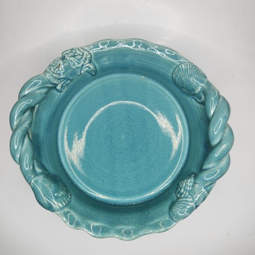 B McVay Pottery Fluted Plate Bowl 2011 Teal Blue Shell Crab Ocean Beach ...