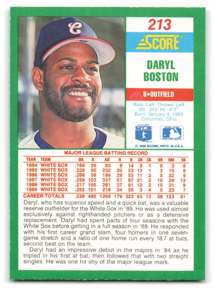 Daryl Boston 1990 Score BASEBALL #213 Chicago White Sox | eBay