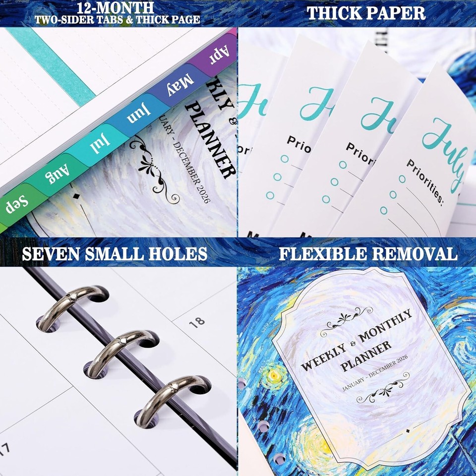 2026 A5 Weekly & Monthly Planner Refills with Colorful Tabs - 7-Hole ...