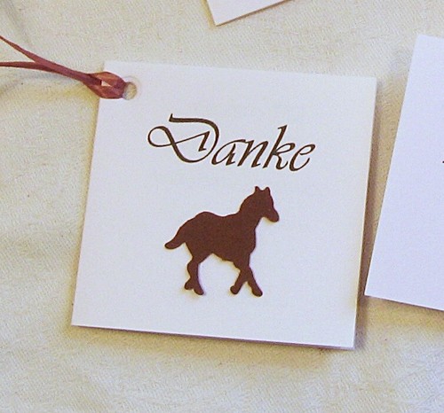 20 weiße Kärtchen Pferd/Ponny braun Danke Einschulung gelocht mit Band ...